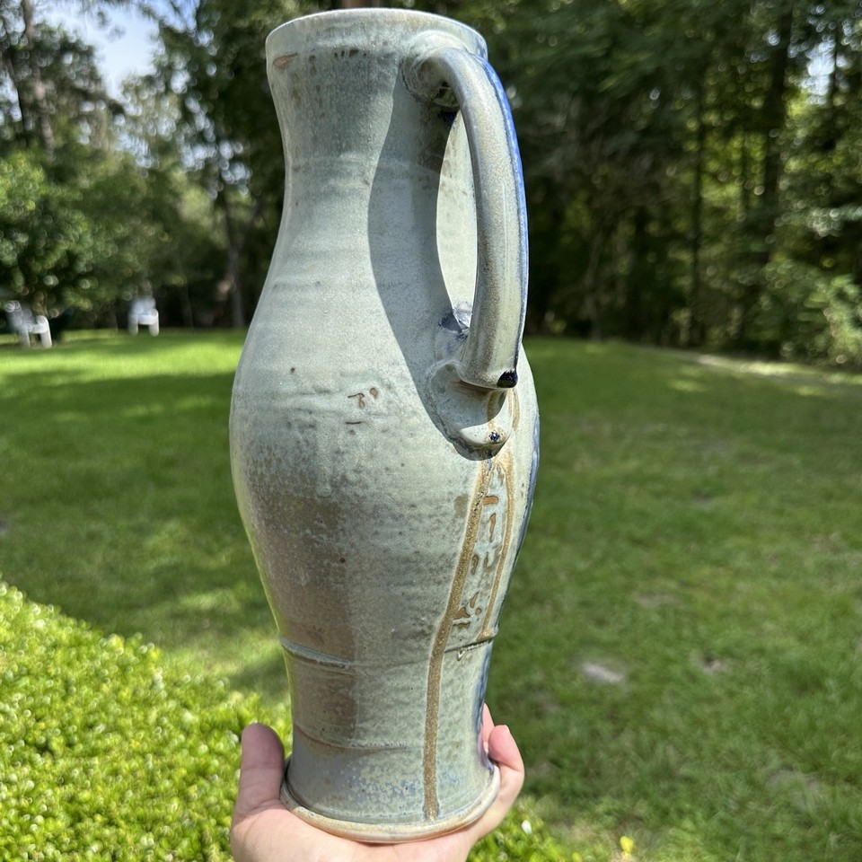 Tim Sherman Studio Pottery Pitcher Wood Fired Blue Drip Ash Glaze ...