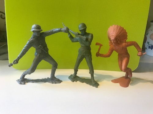 3 VINTAGE 6" LOUIS MARX Figures INDIAN CHIEF GERMAN SOLDIER U.S. ARMY ...