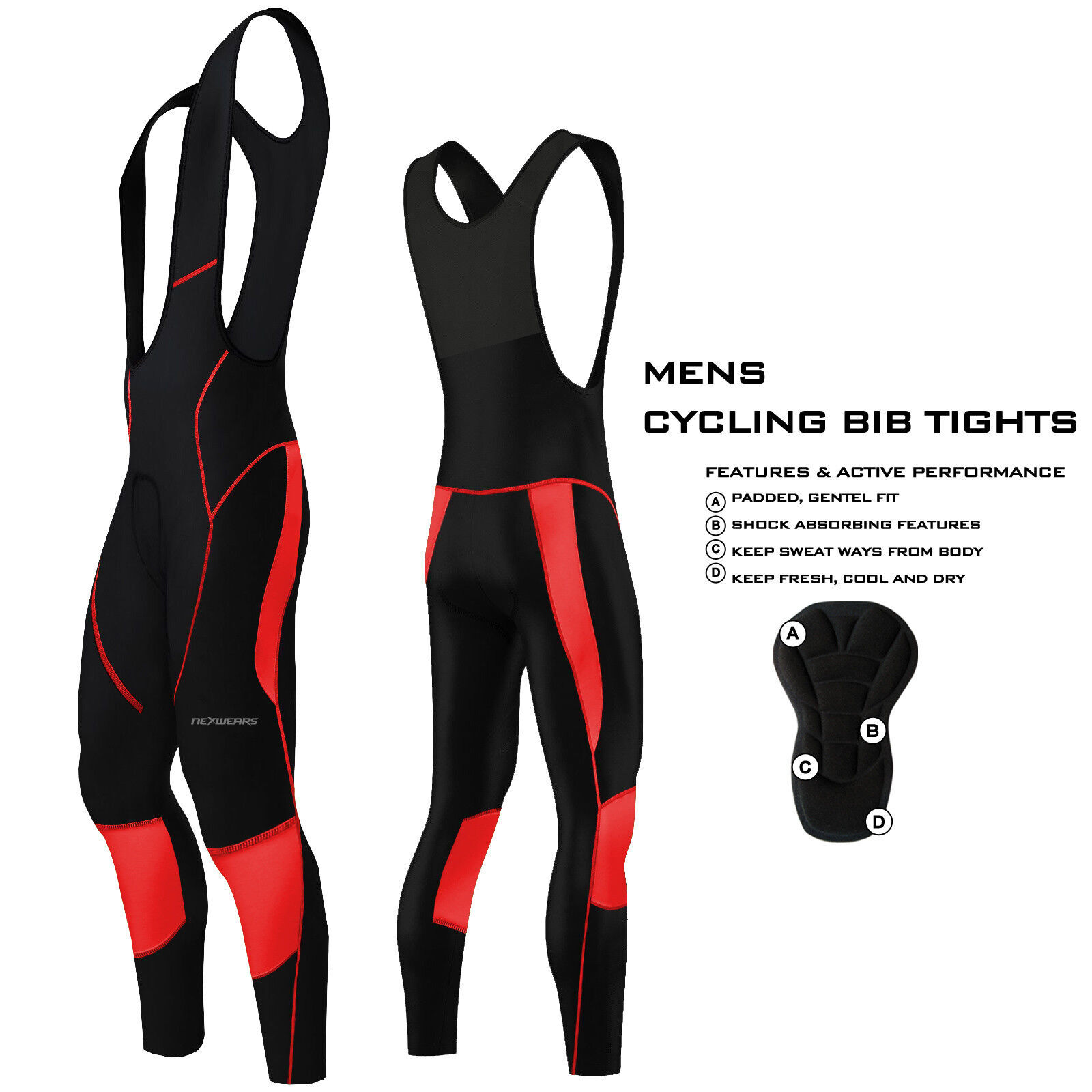 NEW Mens Cycling Bib Tights Long Compression Pants Padded Lycra MTB ...