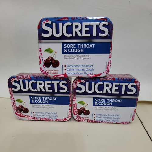 3X Sucrets Sore Throat Cough Vapor Cherry 18 Lozenges In Each Tin 01/ ...