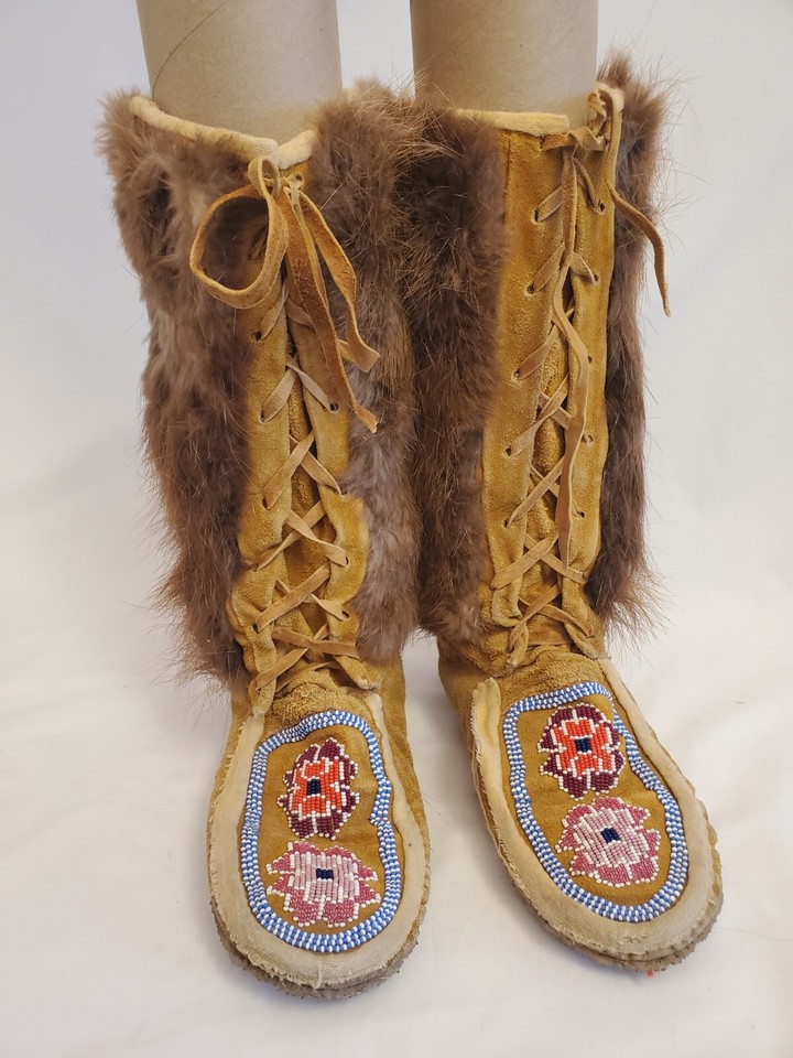 Leather Lace-up Beaver Fur Beaded Mukluks Handmade First Nations | eBay