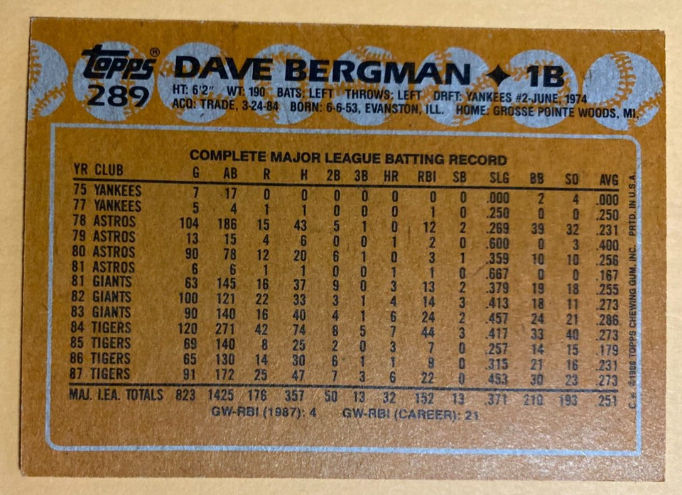 1988 TOPPS CHEWING DAVE BERGMAN / TIGERS #289 BASEBALL CARD | eBay