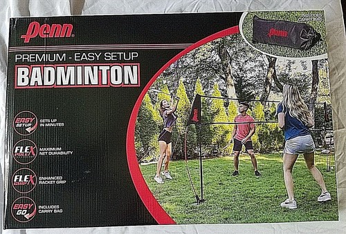 PENN PREMIUM EASY SETUP BADMINTON SET WITH NET 4 RACKETS SHUTTLECOCKS ...