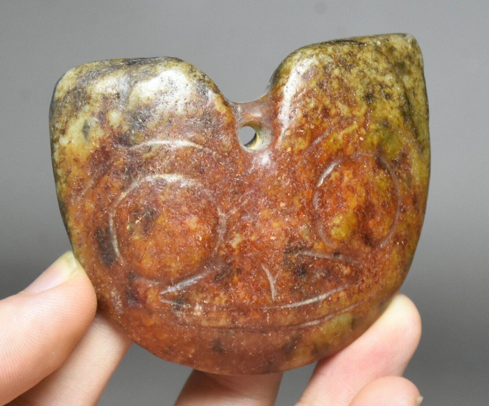 2.9'' Chinese Hongshan Cultue Old Jade Carving Beast Face Head Amulet ...