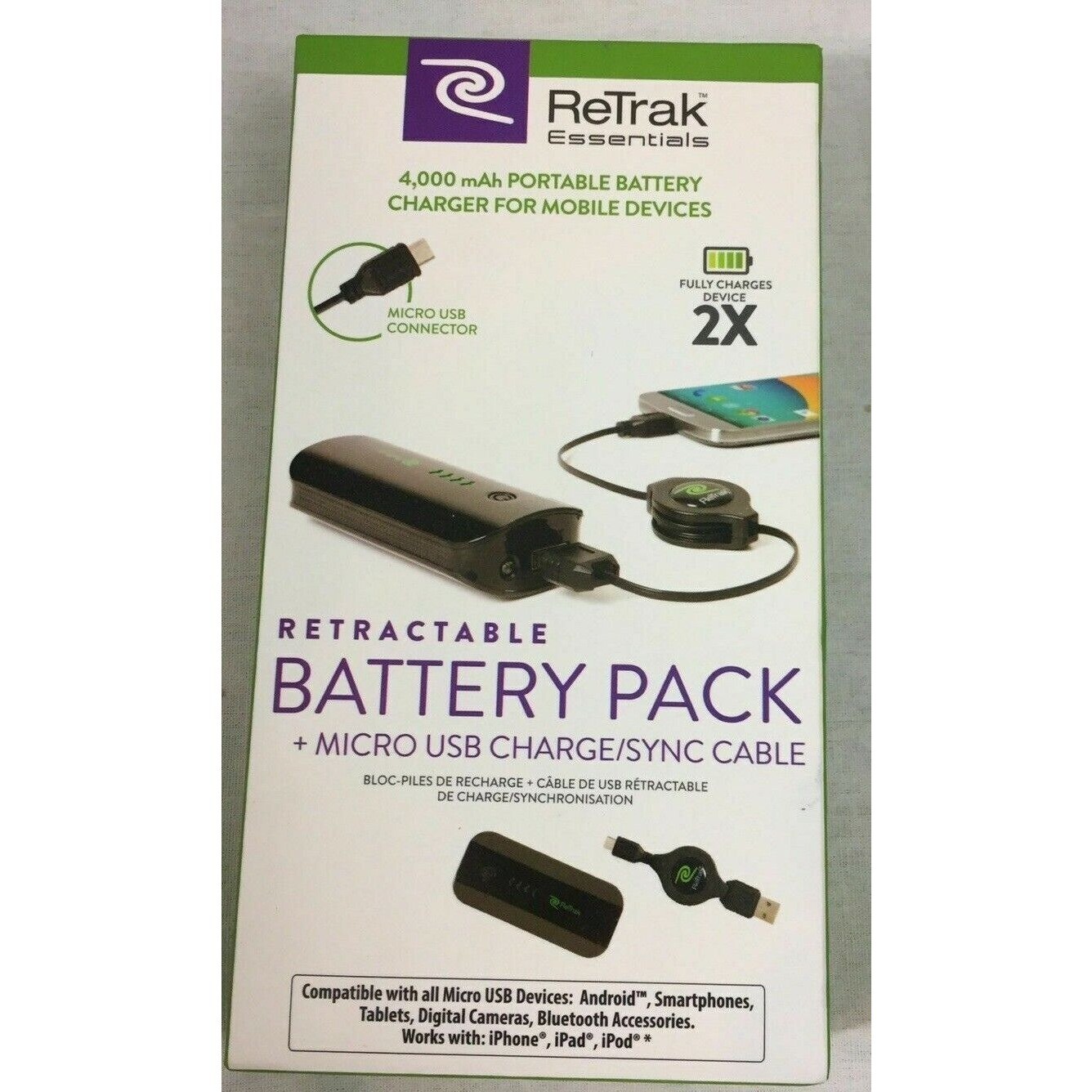 ReTrak Battery Pack w/Retractable Micro USB Cable 4000 mAh | eBay