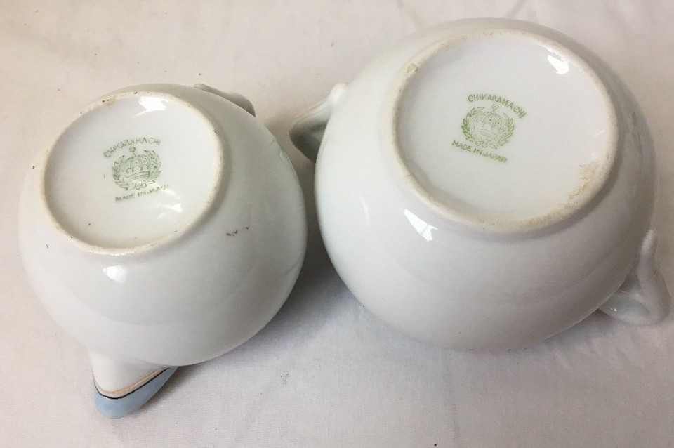 Vintage Chikaramachi Tea Set Teapot Sugar Creamer Hand Painted Blue w ...
