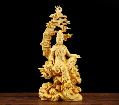 China Box-wood Hand Carved Buddhism Water Moon Kuan-Yin Kwan-yin Guan ...