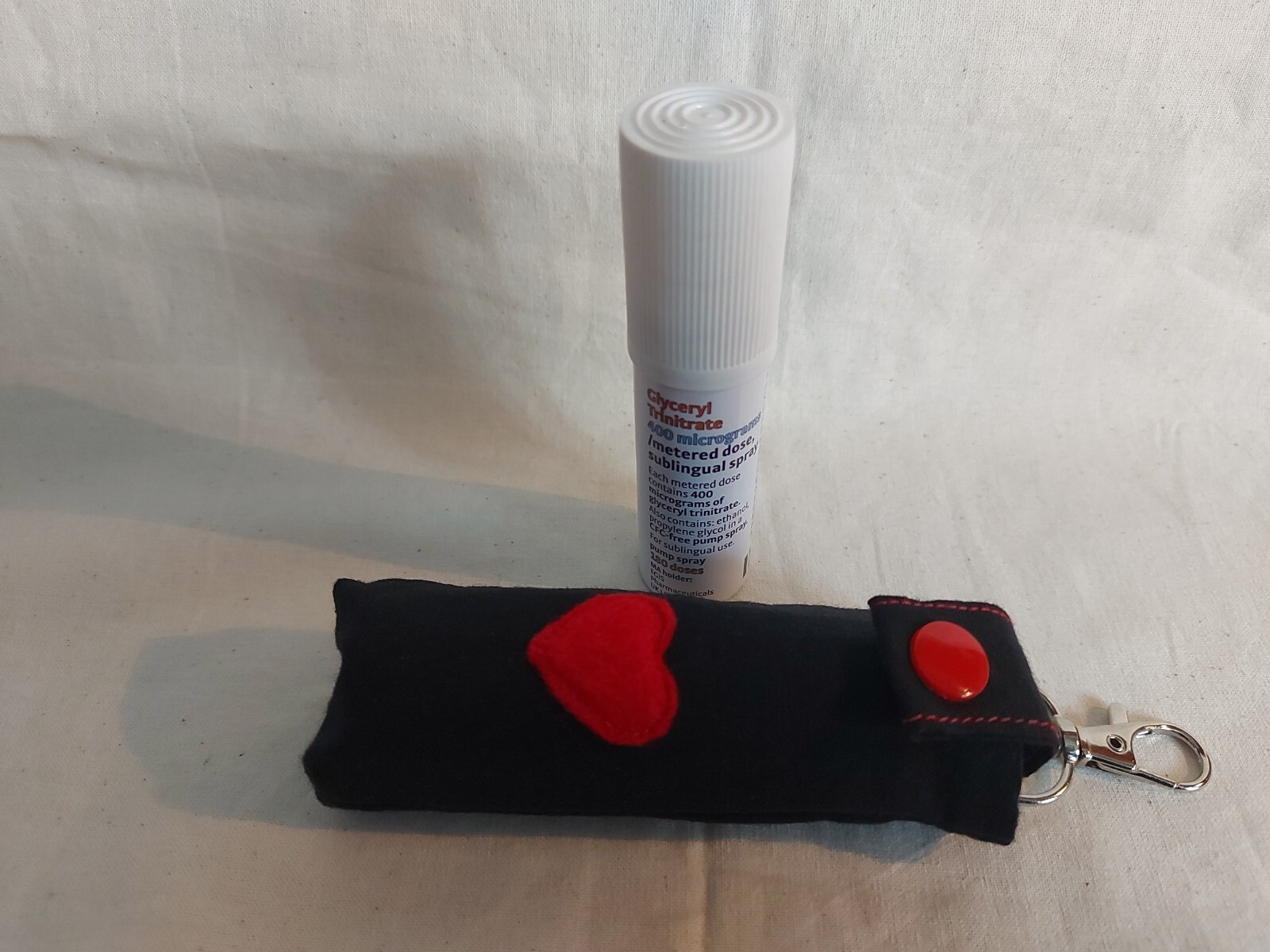 Fabric Black with heart Angina GTN spray holder key ring for keys, bag ...