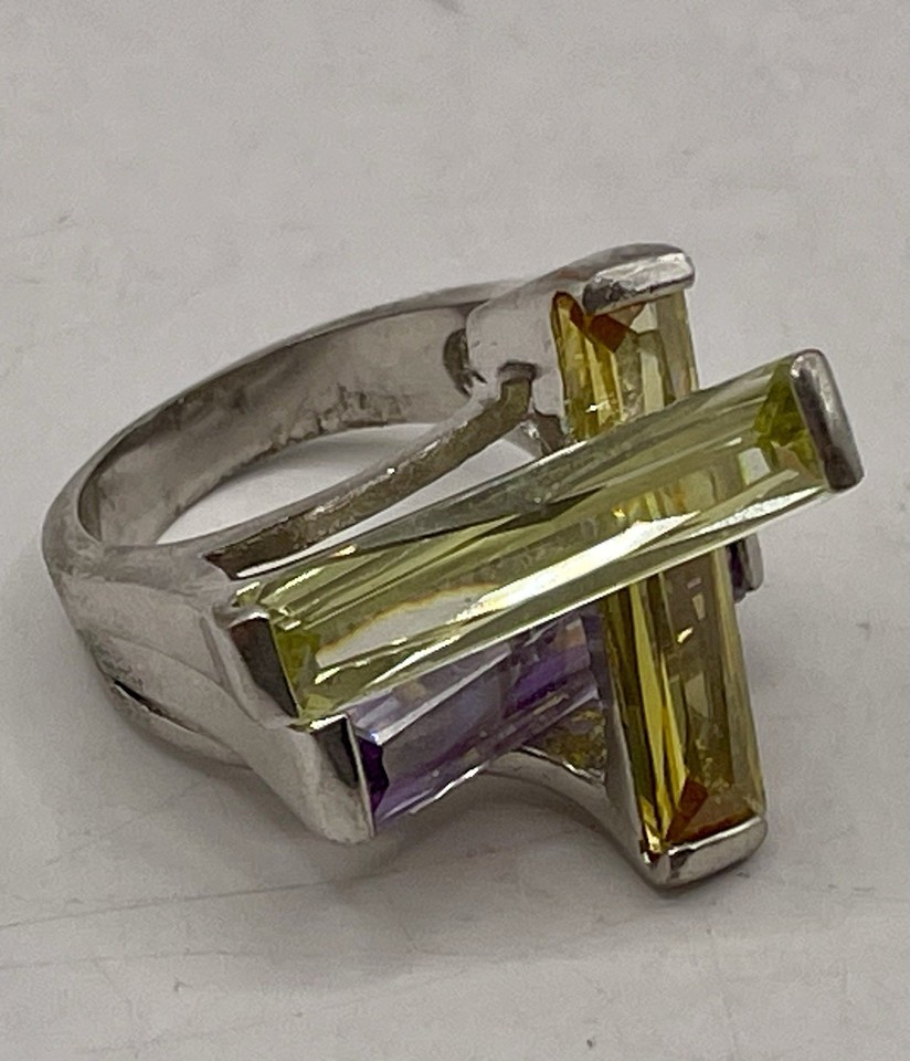 KATE BISSETT Silver Cocktail Ring Lavender Jonquil Peridot Cubic ...