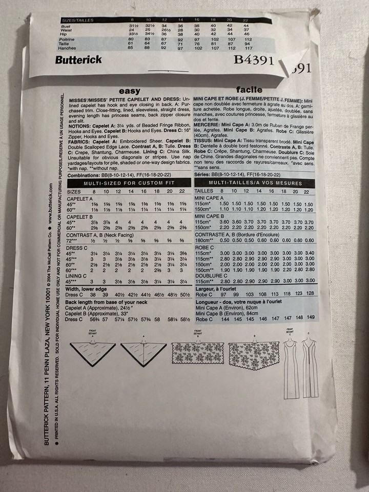 Butterick 4391 Pattern Formal Long Dress and Capelet Size 8-14 Uncut | eBay