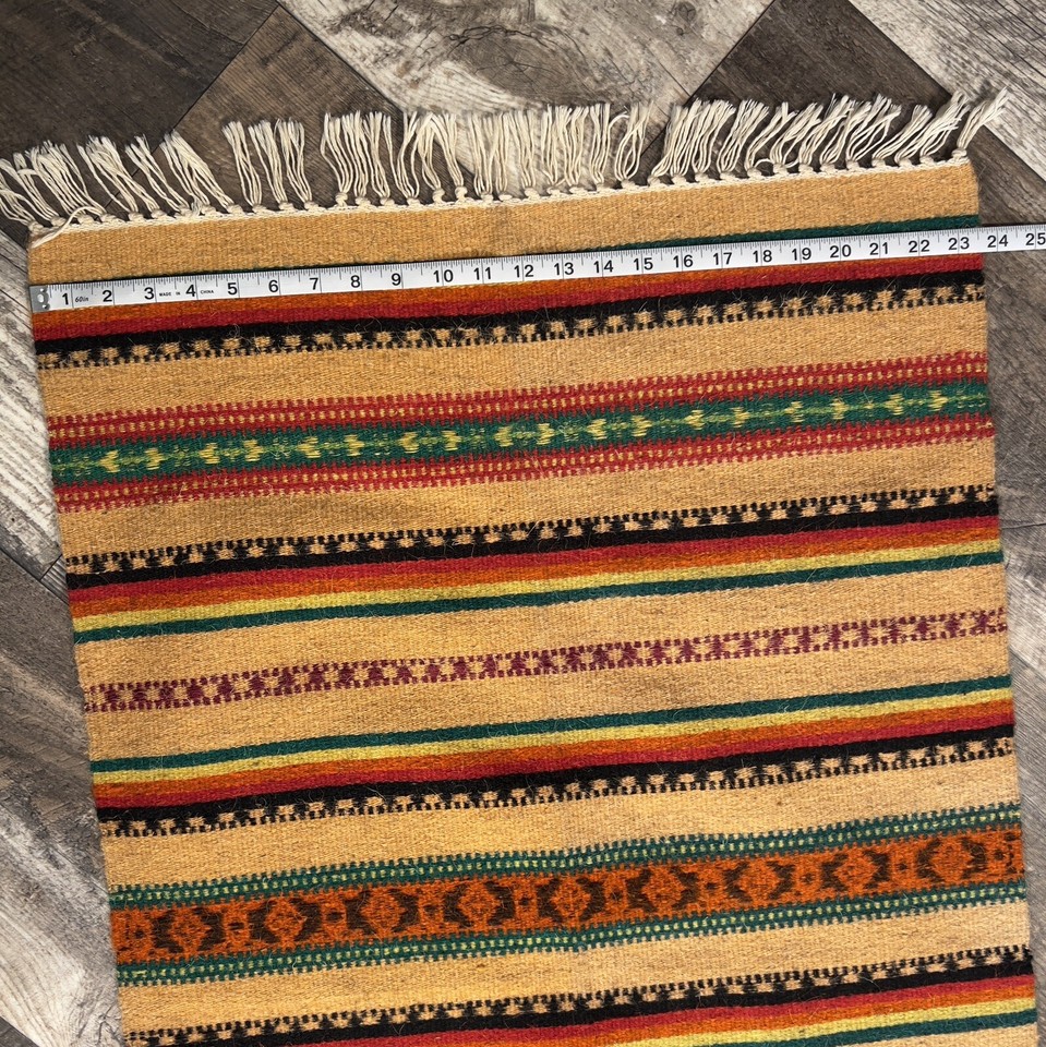 Zapotec Oaxaca Wool Rug 24x60" Hand Made Woven Orange Rasta Geometric ...