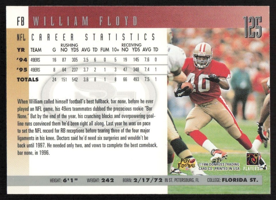 1996 Donruss Football William Floyd #125 San Francisco 49ers | eBay