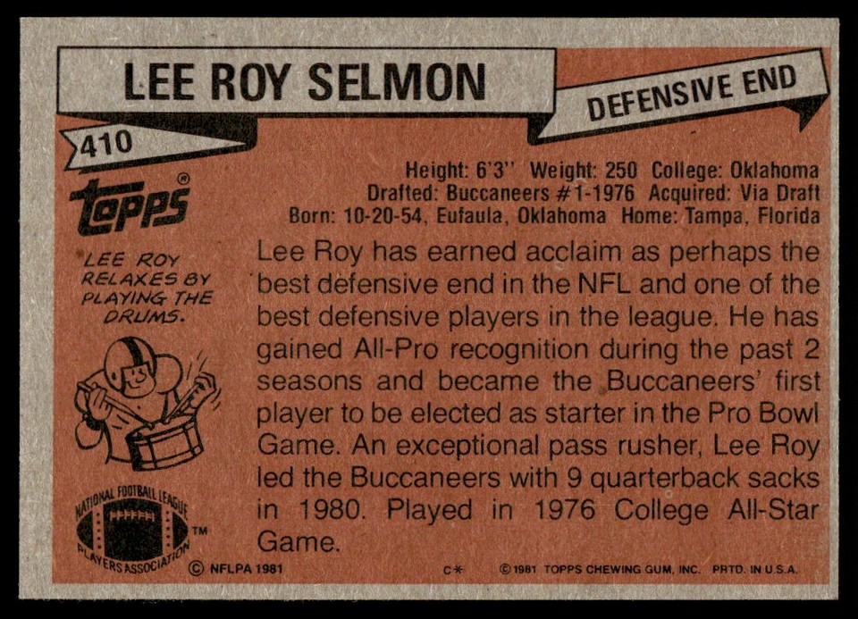 1981 Topps Lee Roy Selmon Tampa Bay Buccaneers #410 | eBay