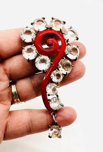 Large Art Deco Red Enamel Clear Rhinestone Question Mark Brooch Vintage ...
