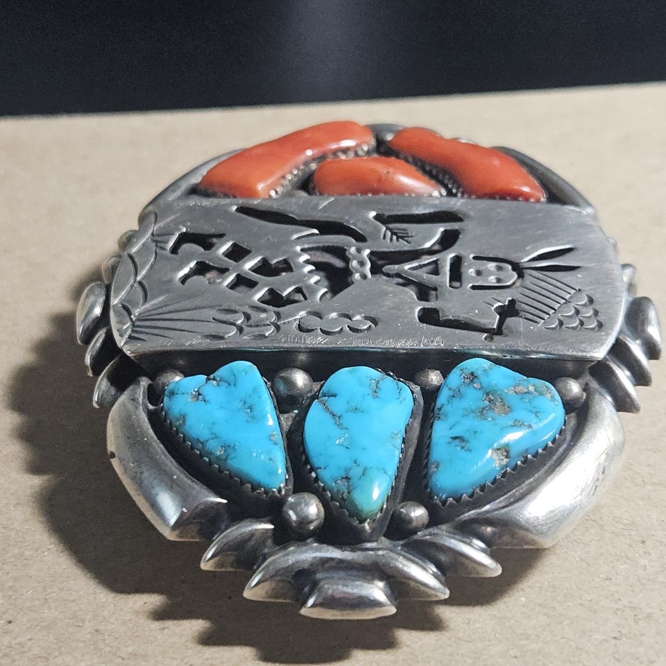 VINTAGE NAVAJO-BRANCH CORAL, TURQUOISE, STERLING SILVER BUCKLE BY ...