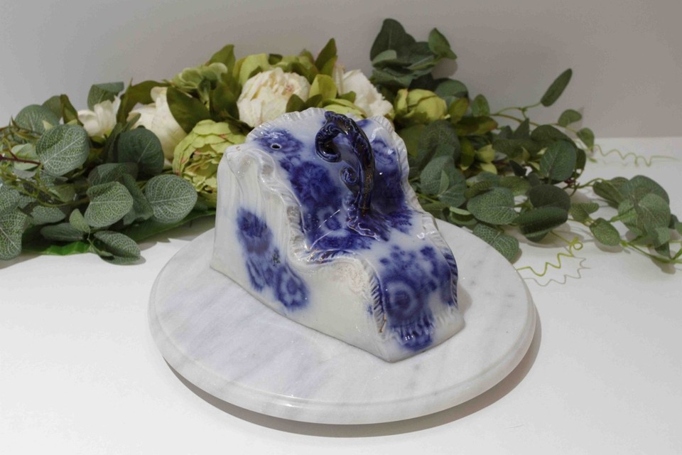 Antique China Blue Flow Cheese Keeper Lid & Grey And White Marble Lazy ...
