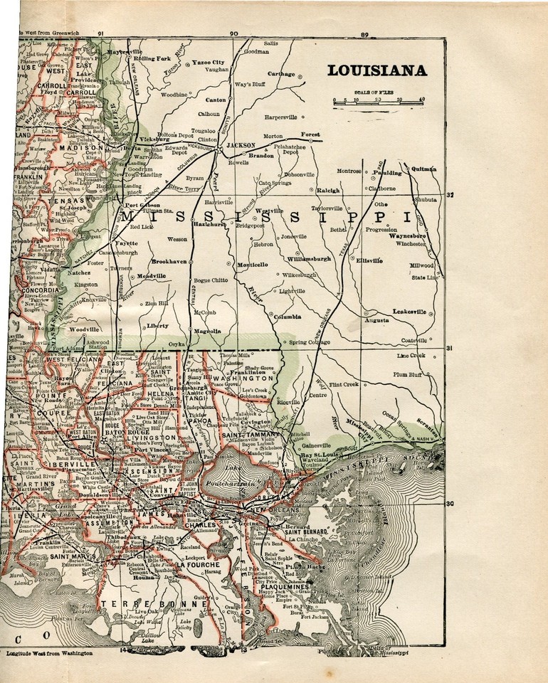 1890'S MAP STATE OF LOUISIANA 10 X 14 INCH WOULD NOT ALL FIT ON SCANNER ...