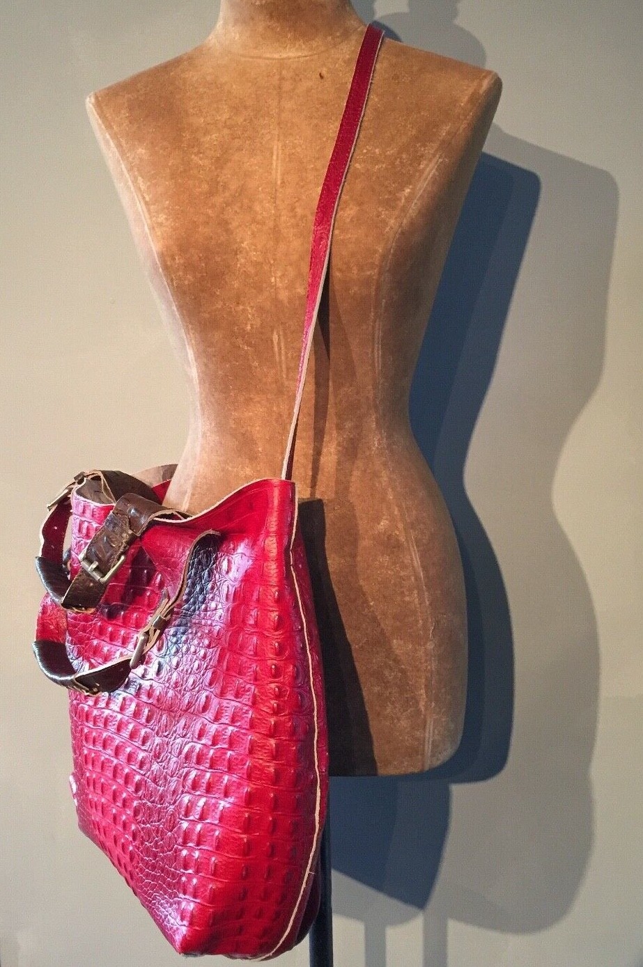 VINTAGE 'VERA PELLE' RED REAL LEATHER LARGE BAG WITH DETACHABLE INSIDE ...