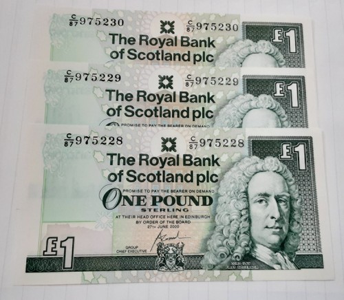 3 x Royal Bank Of Scotland £1 Notes, CONSECUTIVE NUMBERS, FANTASTIC ...