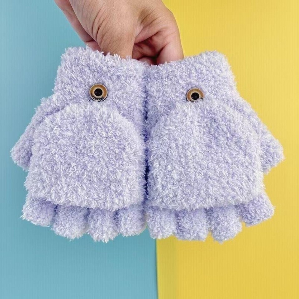 Solid Color Half Finger Gloves Windproof Flip Gloves New Kids Warm ...