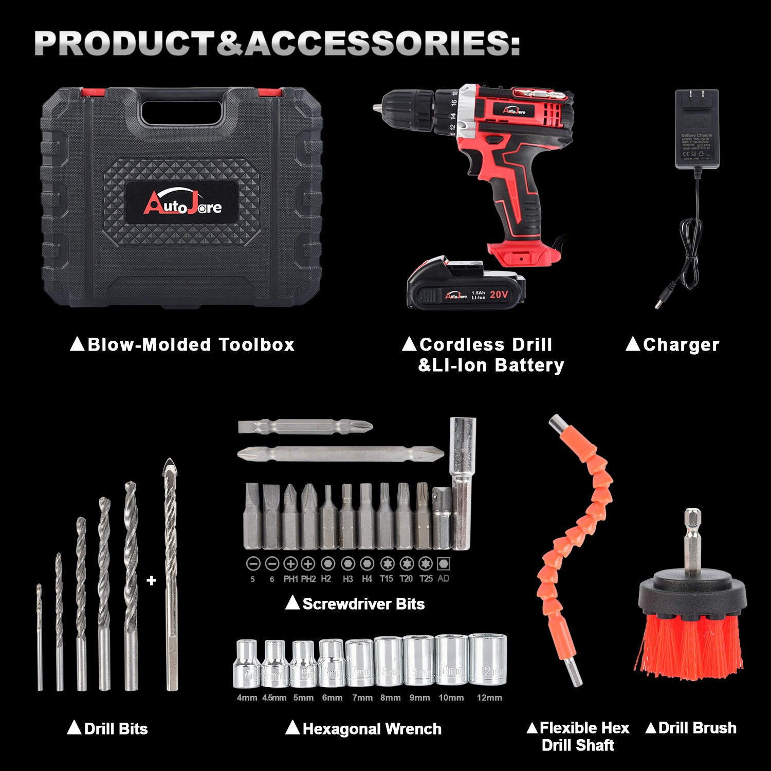 20V Electric Drill 3/8" Power Cordless Screwdriver 31PCS Drill Set with ...