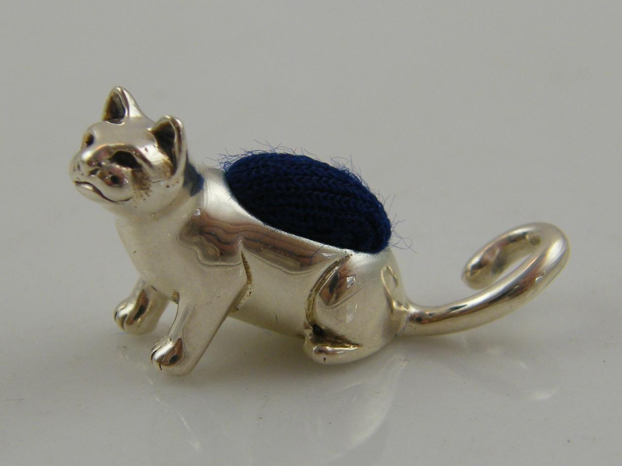 NOVELTY MINIATURE SILVER CAT PIN CUSHION | eBay