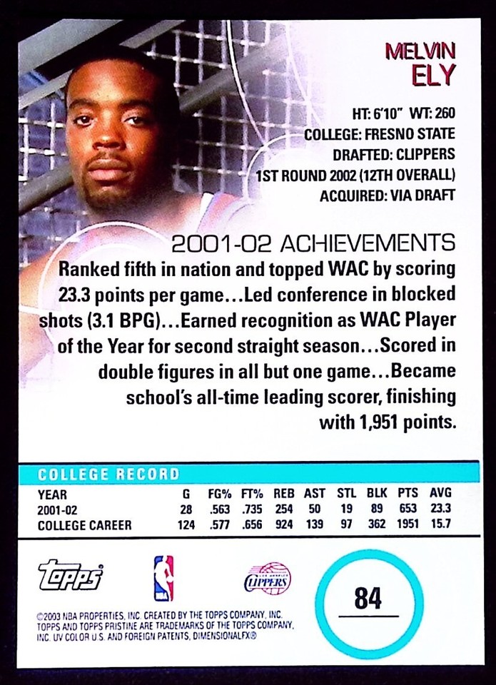 Melvin Ely - 2002 Topps Pristine #84 - Rookie Card - Clippers | eBay