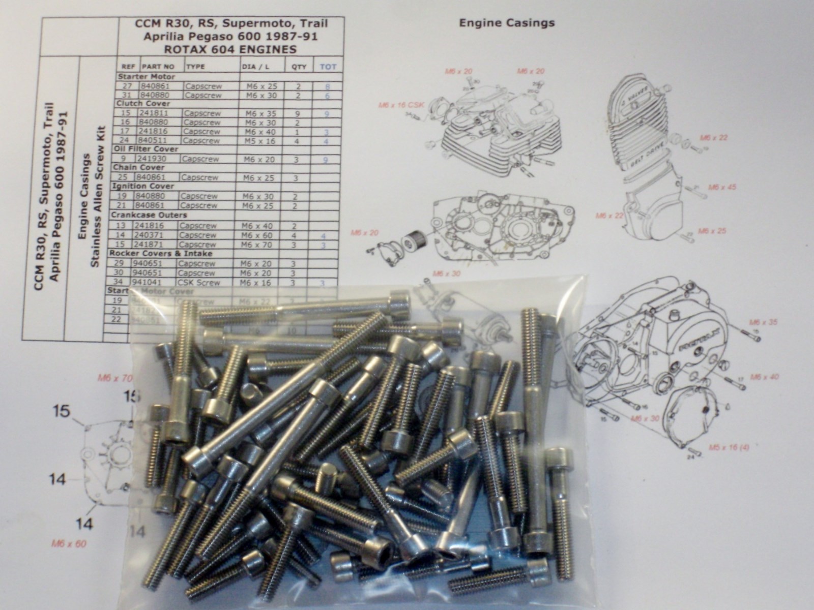 CCM R30 Supermoto Trail Rotax 604 engine covers 52pc Stainless allen ...