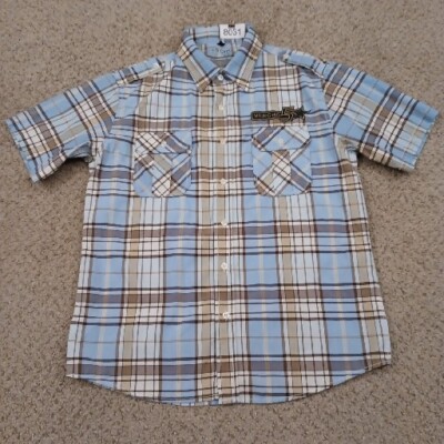 Vercho 5 Stars Shirt Mens Medium Blue Beige Plaid Short Sleeve Button ...