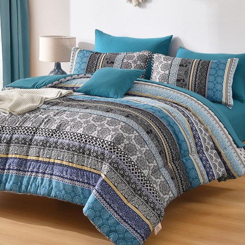 Teal Comforter Set Queen Size,Boho Striped Bed in a Bag 8 Pieces ...
