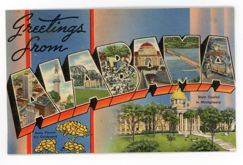 Postcard Greetings from Alabama Large Letter Linen Postcard Cotton ...