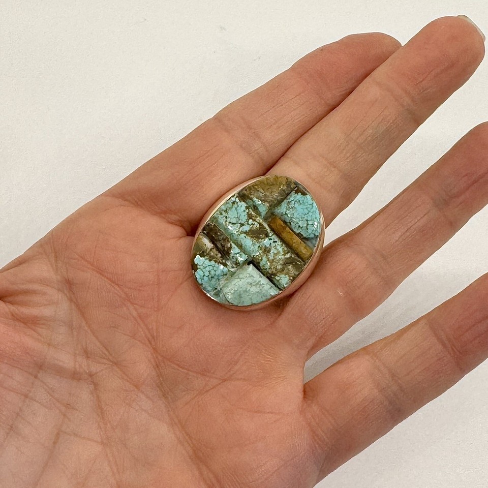 Zuni Number 8 Inlay Cornrow Turquoise Men's Ring Size 13 Sterling ...