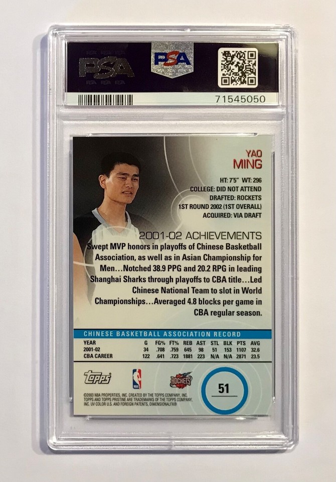 2002-03 Topps Pristine #51 Yao Ming (PSA Gem Mint 10) !!!! Rookie Card ...