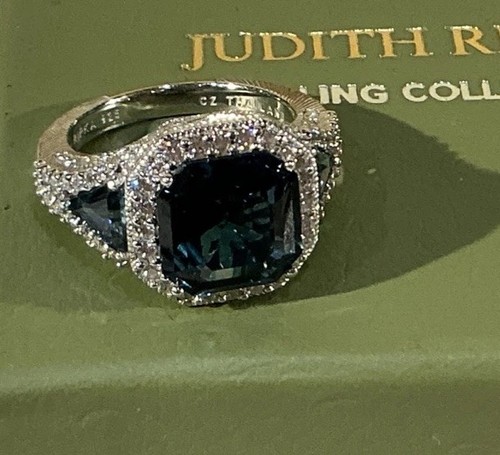 Judith Ripka 5 ct Asscher London Blue Topaz 3 Stone Ring Diamonique ...