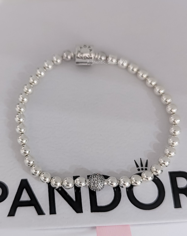 NEW 100% Authentic PANDORA 925 Silver Beads & Pave Ball Chain Bracelet ...