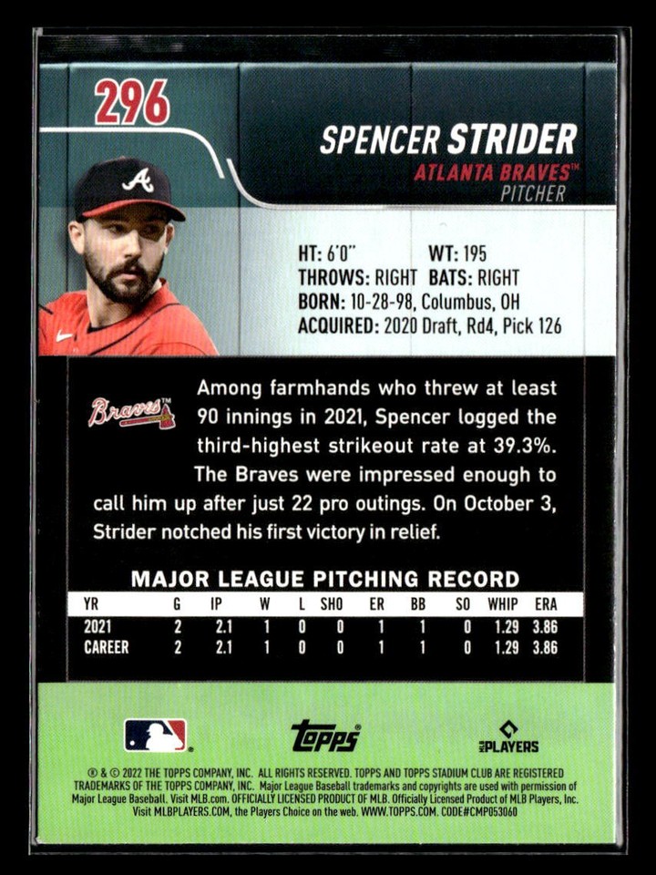 2022 Stadium Club #296 Spencer Strider RC | eBay