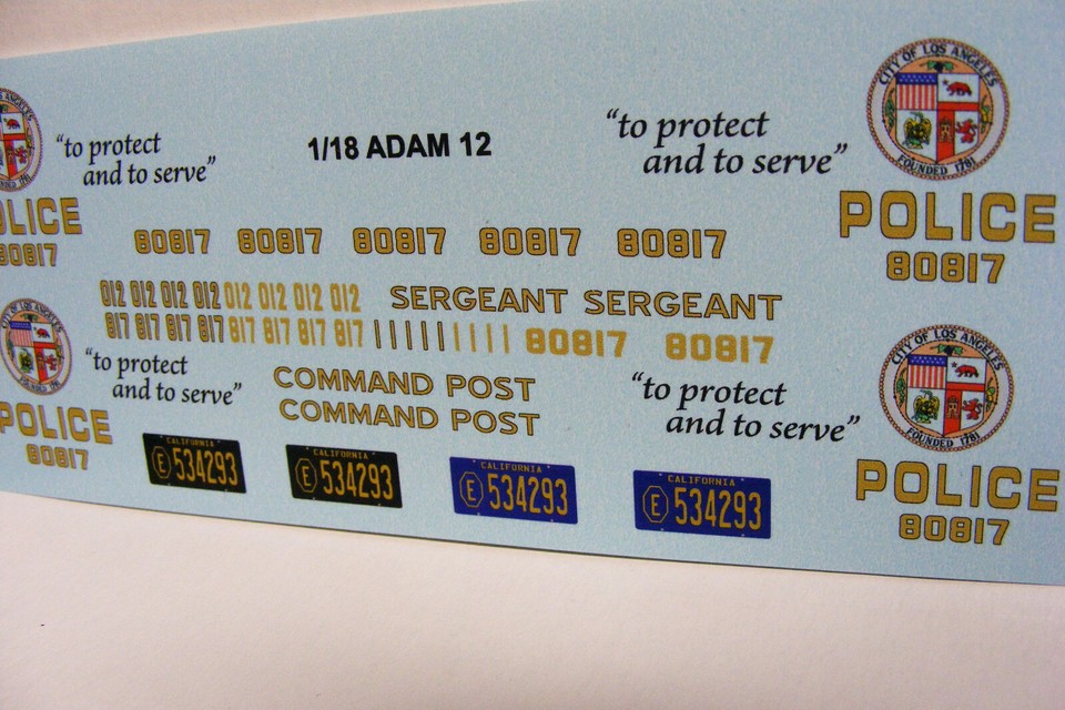 Adam 12 TV Show Police Car 1/18 Water Slide Decals (2 Sets) | eBay