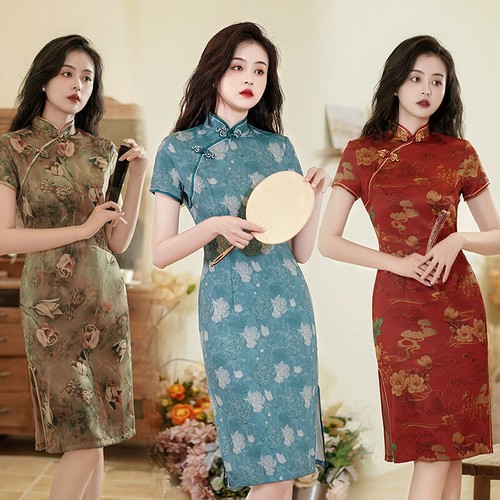 Women Summer Short Qipao Dress Chinese Traditional Silk Cheongsam ...