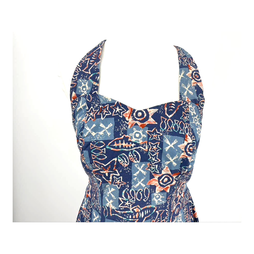 VTG Hilo Hattie Fish Print Hawaiian Halter Dress - Gem
