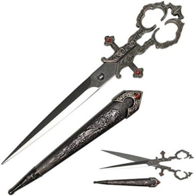 10.5" Renaissance Medieval Gothic Fantasy Scissors Silver Dagger Ornate ...