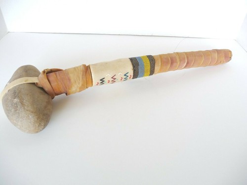 Native American Style Stone Club Weapon Rawhide Over Wood, Beads ...