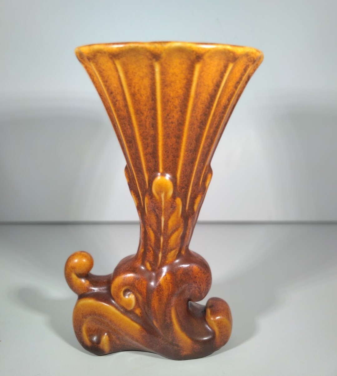 Vintage Brown Pottery Cornucopia with Leaves and Swirls | eBay