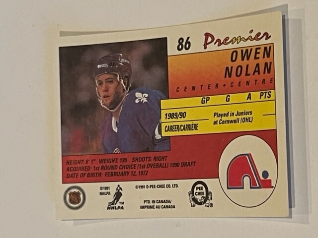 Owen Nolan Nordiques Avs 1990-91 OPC O-Pee-Chee Premier Rookie Card RC ...
