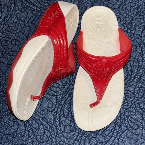 Fit Flop Sz 6 Red Patent Thong White Wedge Sandals Micro Wobble Board ...