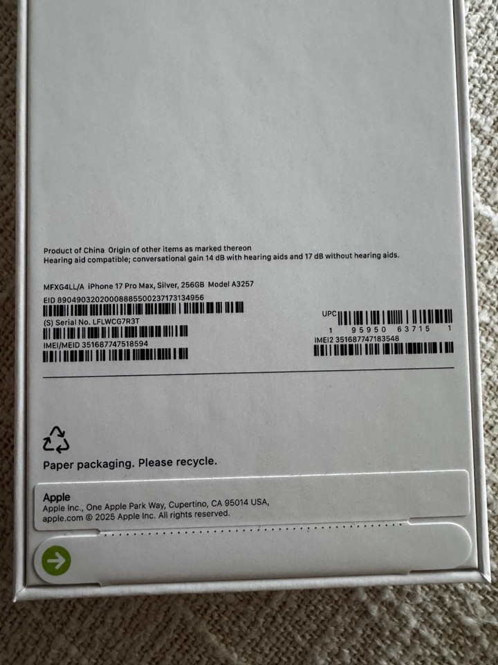 Apple iPhone 17 Pro Max - Box Only with OEM Cable - 256GB Silver - NO ...