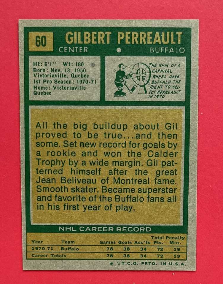 1971-72 TOPPS #60 GILBERT PERREAULT 2ND YEAR BUFFALO SABRES EX-EX+ | eBay
