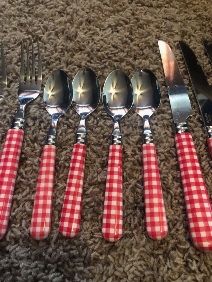 Set of picnic silverware gingham print red forks knives spoons 4 each ...