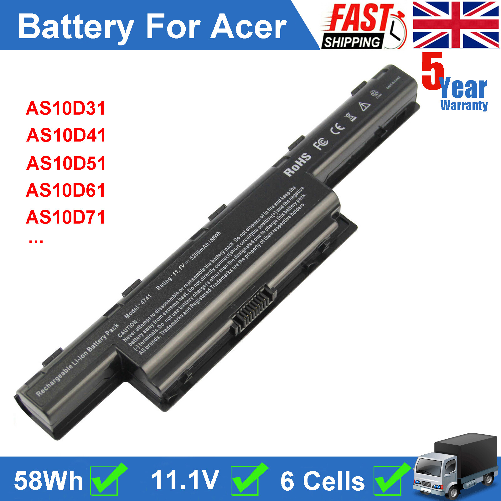 AS10D31 AS10D41 AS10D51 AS10D71 Battery For Acer Aspire 4741 4771 5741 ...