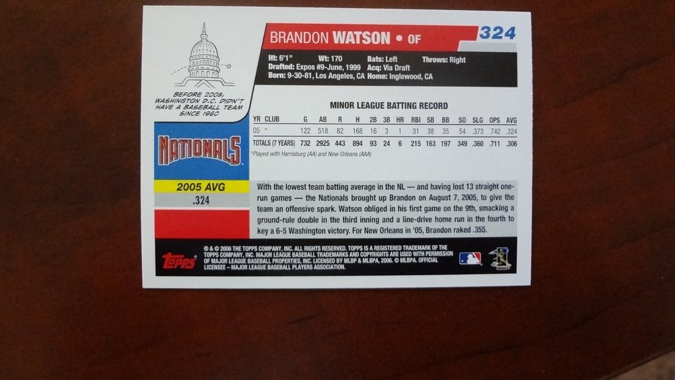2006 TOPPS # 324 BRANDON WASTON BASEBALL CARD | eBay