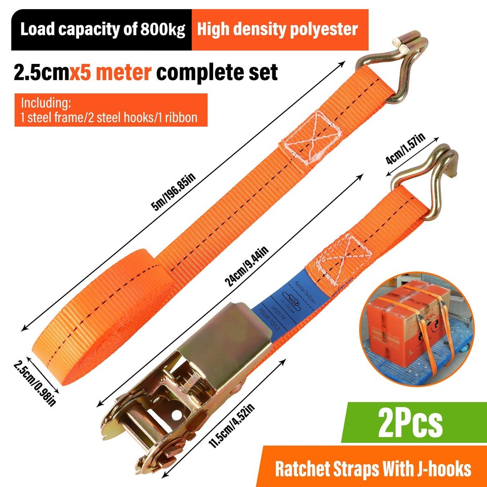 4Pack Heavy Duty Ratchet Ties Down Straps 5M 25mm Lashing Cargo Luggage ...